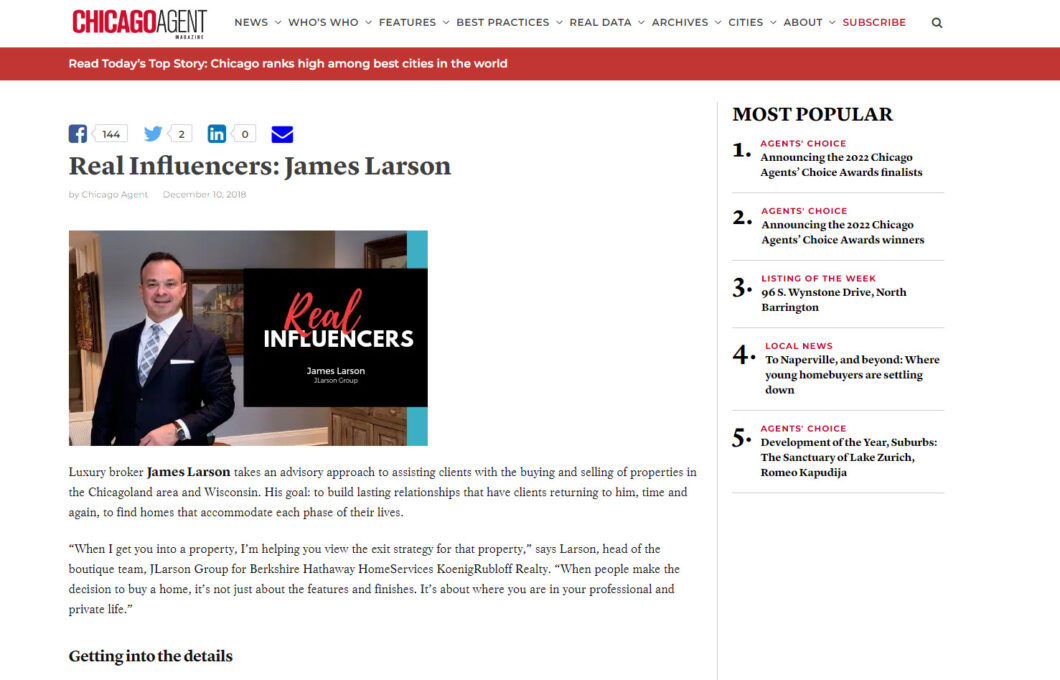 James Larson Named 'Real Influencer' by Chicago Agent Magazine - North Shore + Glenview Real ...